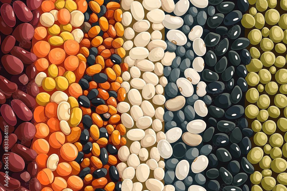 Flat art featuring various types of beans. The scene is depicted in a ...