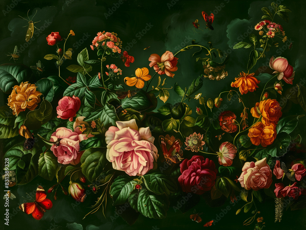 Surreal art fantasy scene secret mysterious garden of flowers and ...