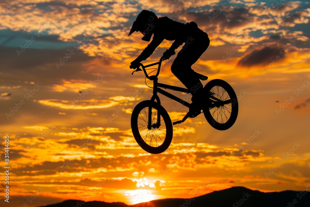 BMX Cyclist Performing Trick at Sunset - Dramatic Silhouette against ...