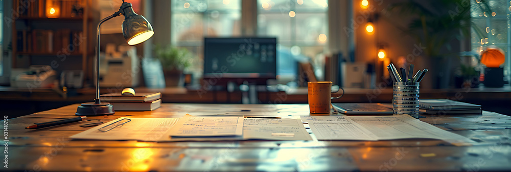 desk in an office environment with a soft blurry effect showing papers ...