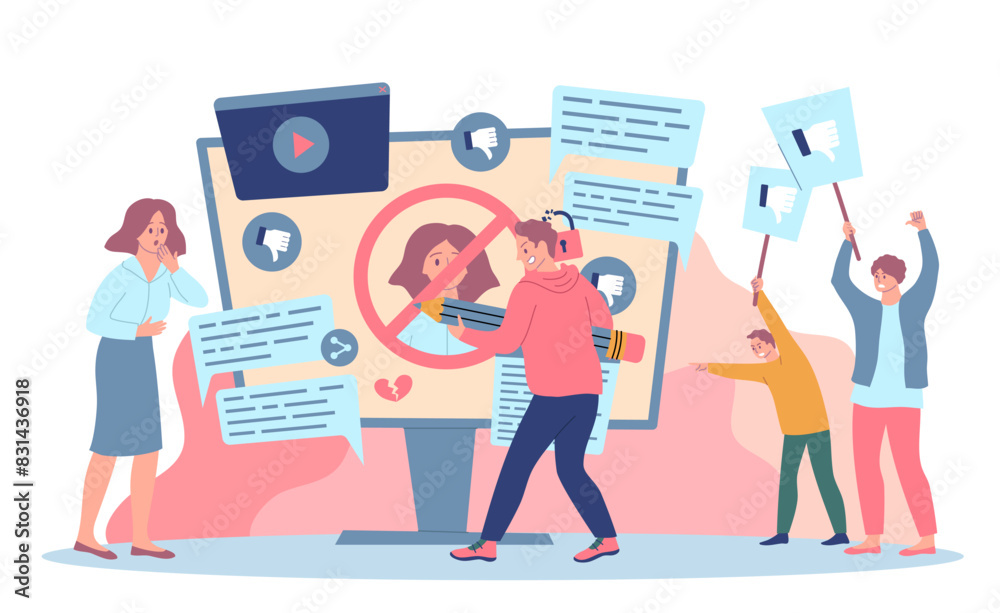 Cartoon Color Characters People and Cancelled Social Media Concept Flat ...