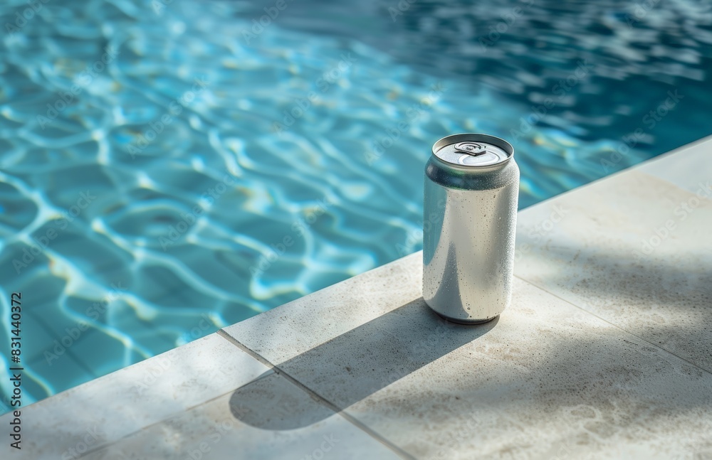 A top view of an unbranded silver energy drink can on the edge of ...