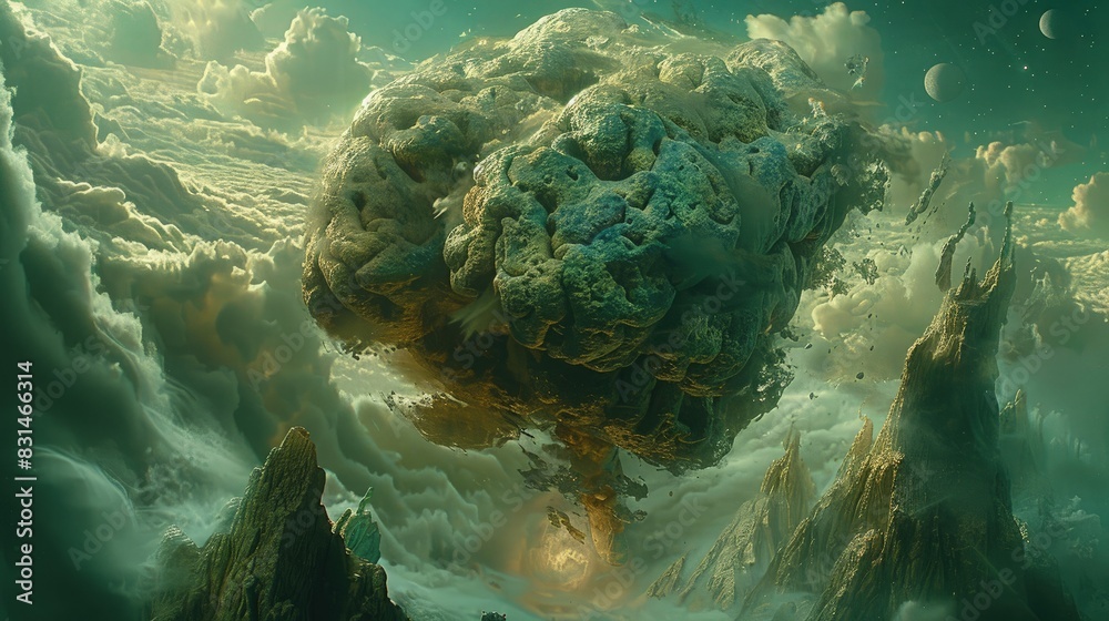 3D brain model with a stunning fantasy world background, featuring a ...