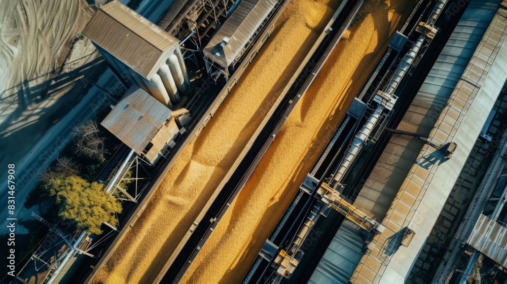 An aerial perspective of an industrial facility shows a grain silo ...