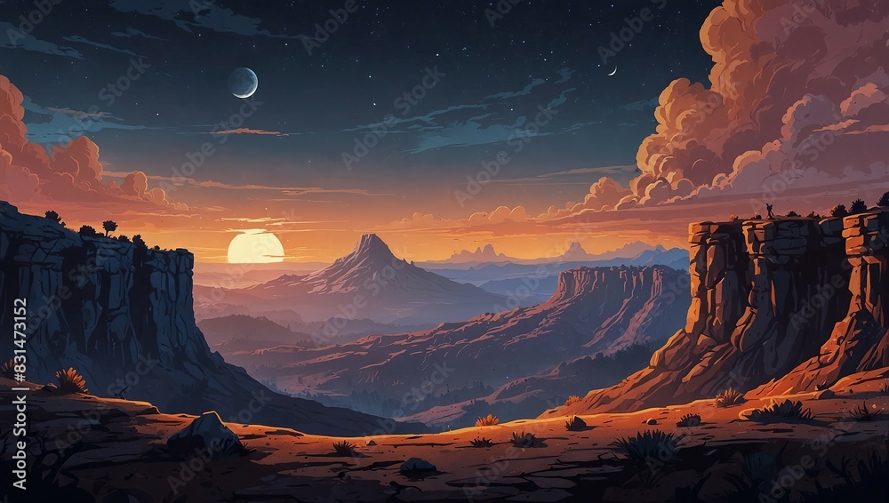 Alien cliffside with steep drops and craters under a vibrant sky for ...