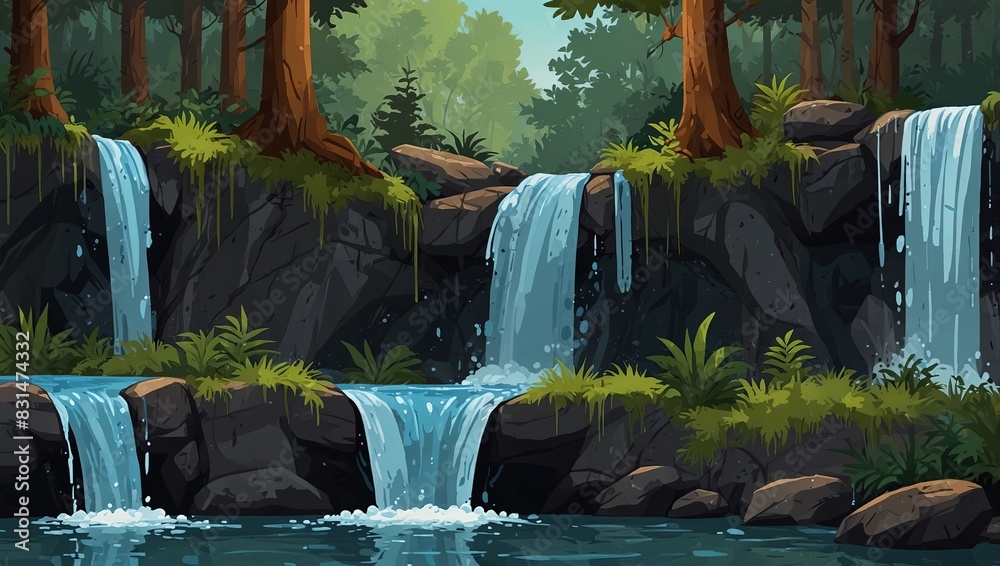 2D game background beautiful natural waterfalls in the middle of the ...