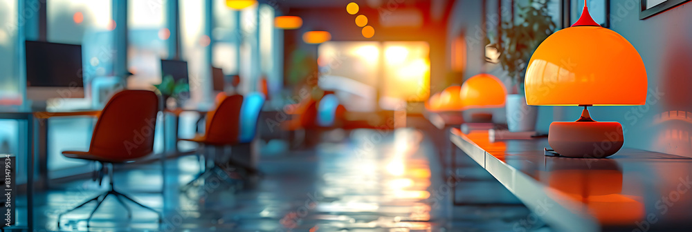 office ambiance with a soft blurry effect showing desks chairs and ...