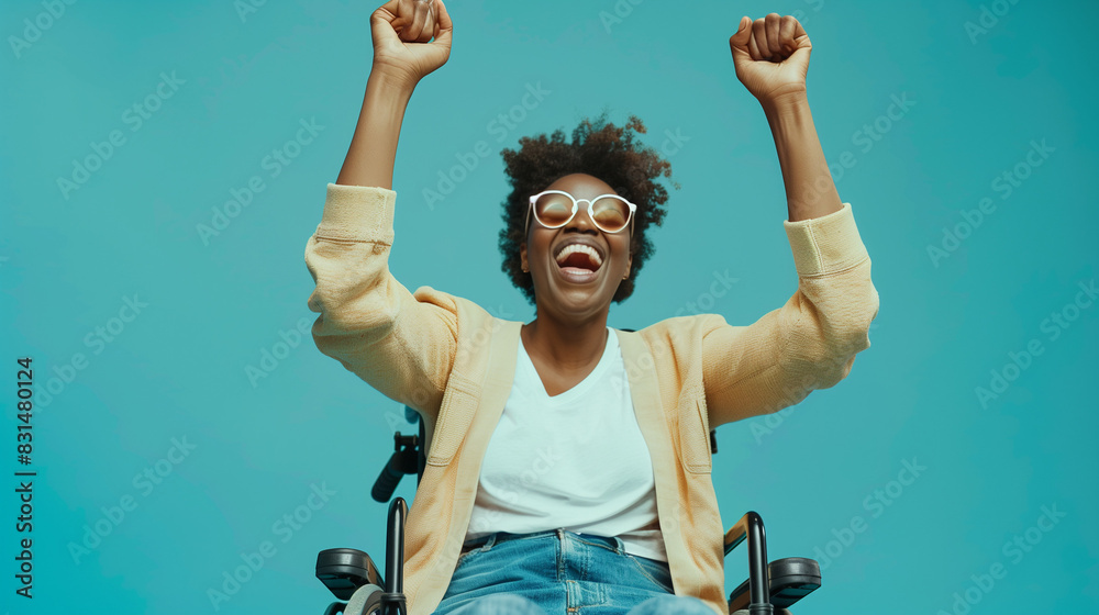 Happy disabled black woman in a wheelchair winning. African american ...