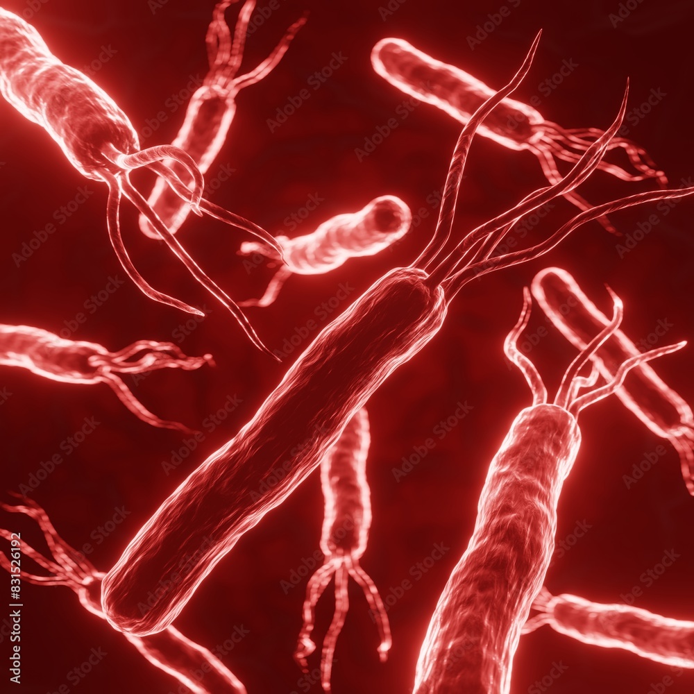 Helicobacter pylori bacteria cells on red background. Gastritis disease ...