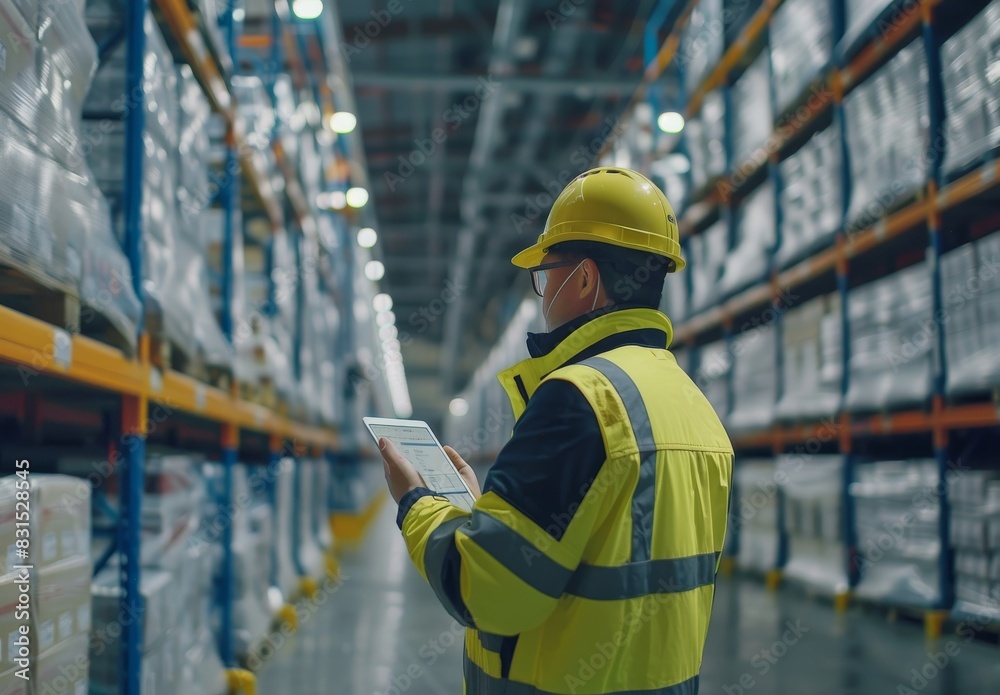 An engineer uses a tablet to manage inventory control and smart ...