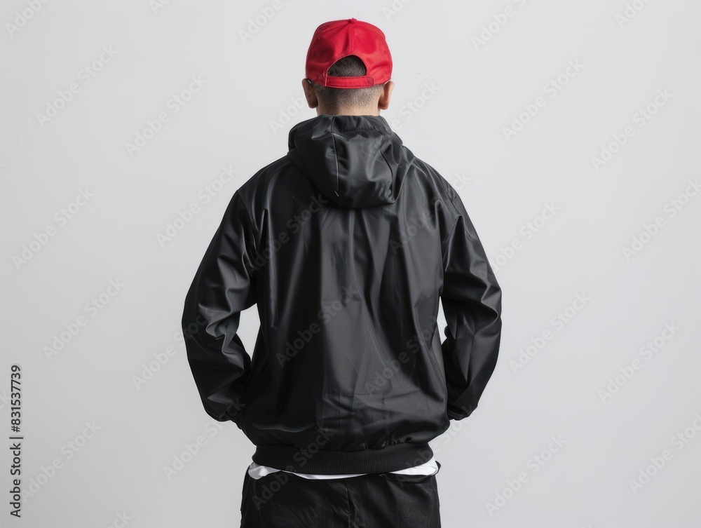 Man stands back to camera wearing black jacket and red cap, The ...