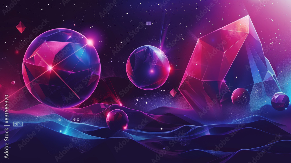 Abstract digital art combining 2D shapes and 3D forms with bright ...