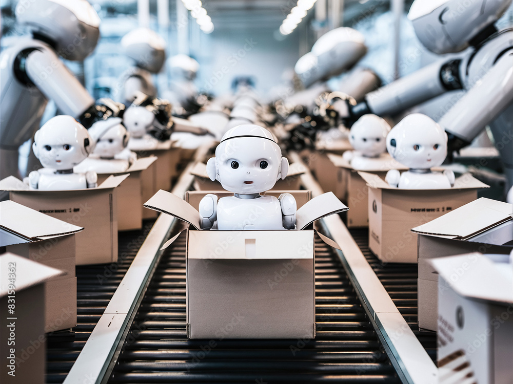 Factory assembly line with small humanoid robots being packaged into ...