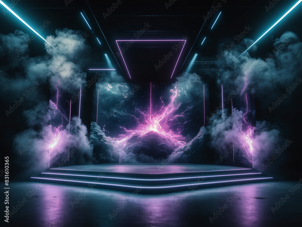 Futuristic stage with neon lights, smoke effects, dramatic backdrop of ...