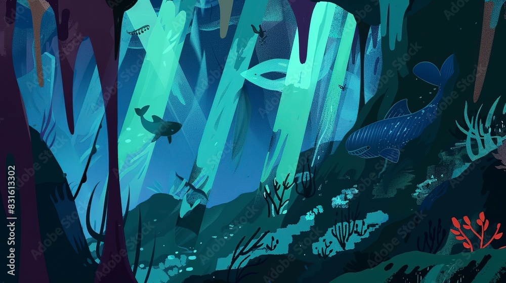 Mermaid's hidden grotto flat design side view, mythical creatures ...