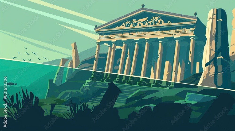 Sunken Roman temple flat design front view, historical fantasy, cartoon ...