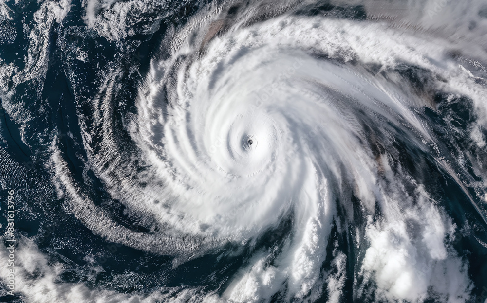Aerial view of powerful hurricane over ocean, featuring eye of storm ...