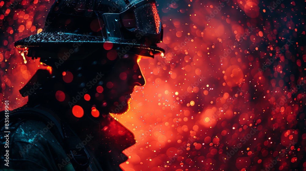 Dramatic silhouette of a firefighter at night amidst intense orange ...