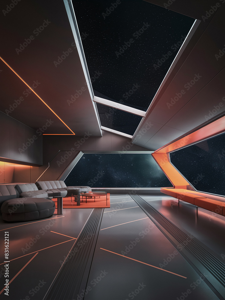 Futuristic spaceship interior with sleek, modern design. Large windows ...