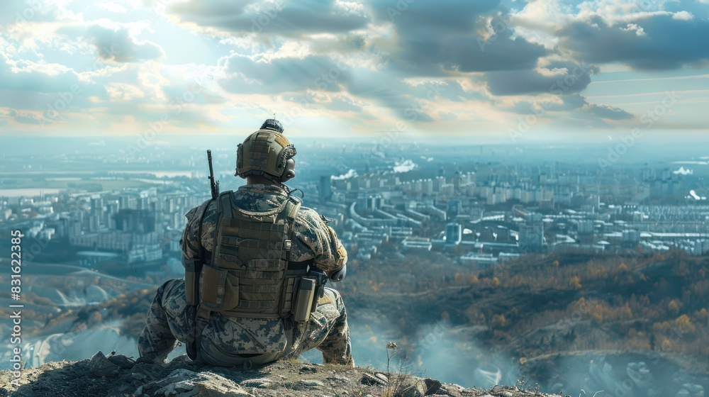 High Hill Sentinel: Military Special Forces Soldier Overlooking City ...