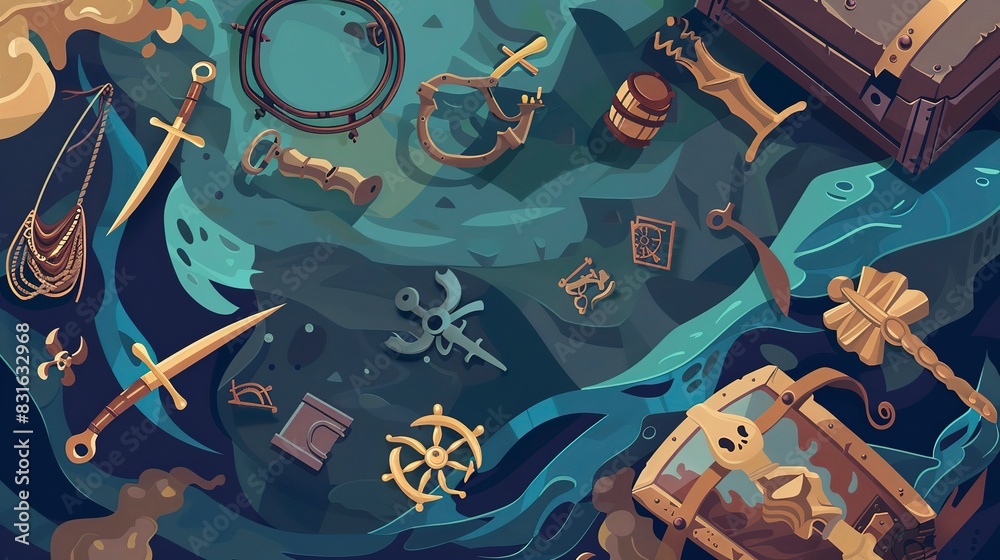 Pirate relics scattered on seabed flat design top view, pirate ...