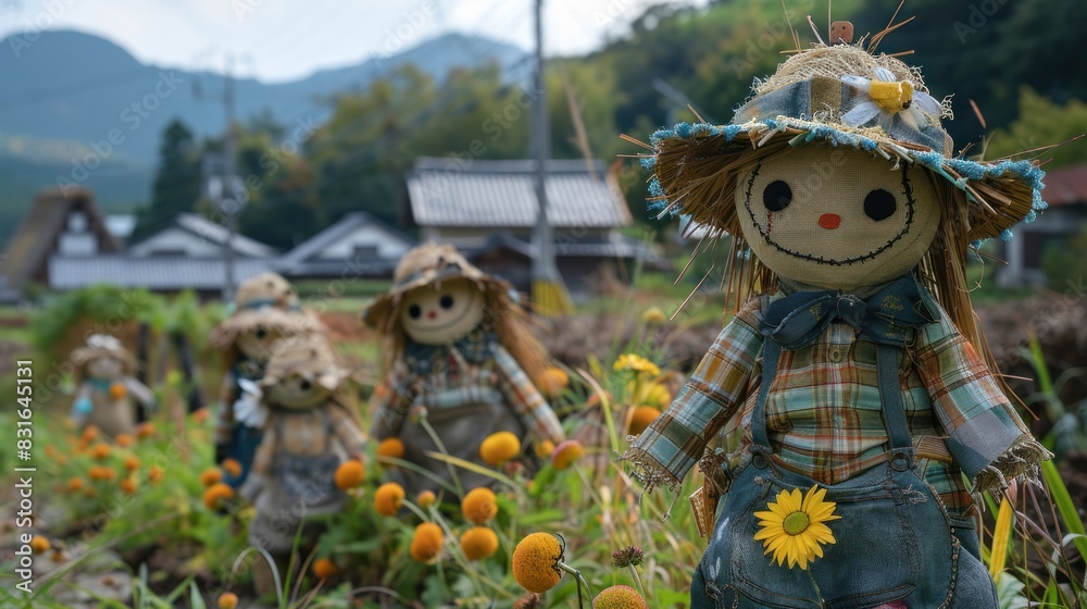A cozy mountain village in Japan, where scarecrows dressed as villagers ...