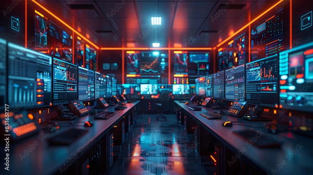 Advanced Logistics Control Center. Modern control center with multiple screens displaying ...