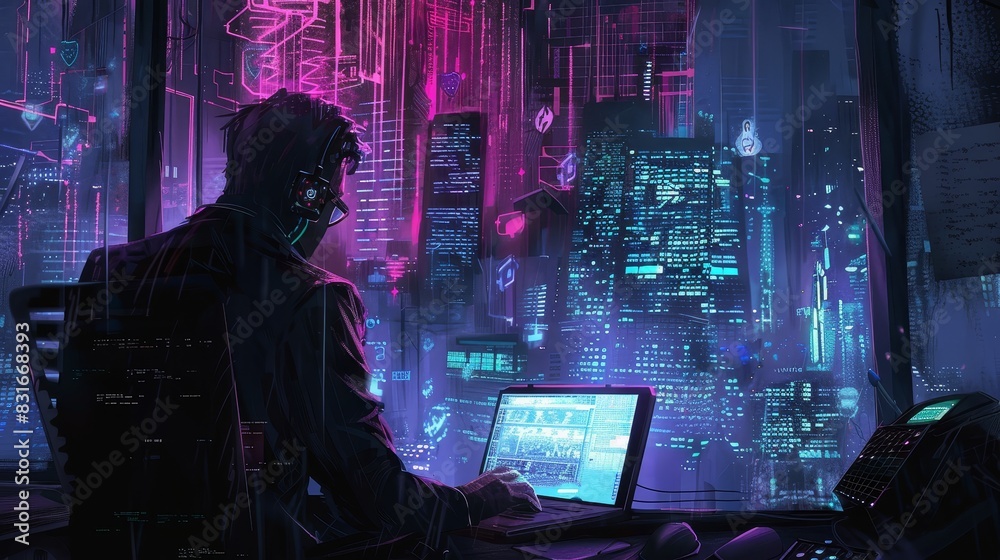 Cyberpunk hacker with futuristic computer setup - A hacker in cyberpunk ...