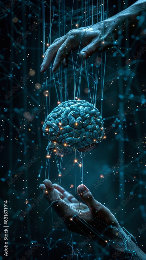 Artificial Intelligence brain, Glowing Neural Pathways and Luminous Fibers, Striking Silhouette ...