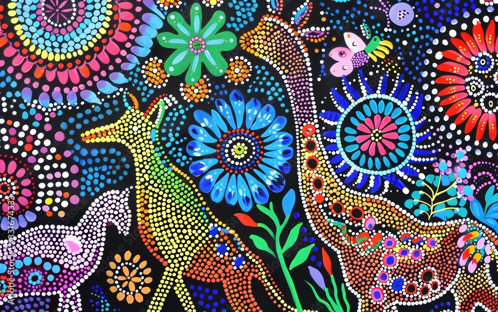 Dot painting in Aboriginal style, featuring animals and nature, rich ...
