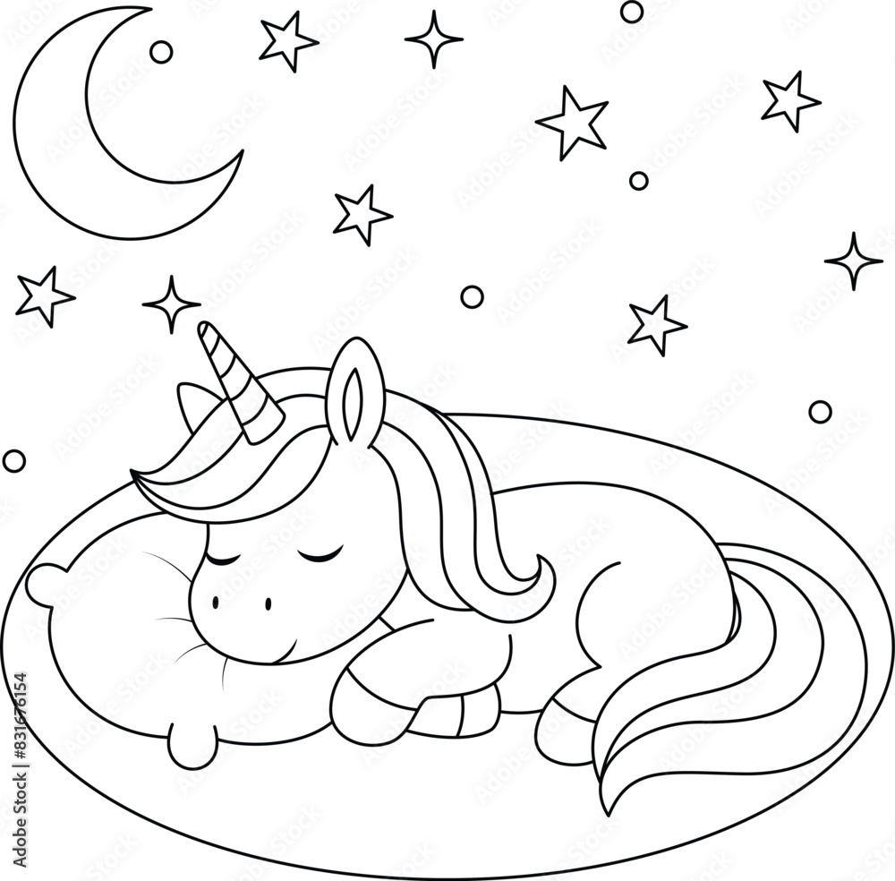 Cute kawaii unicorn sleeping coloring page for kids. Animal outline ...