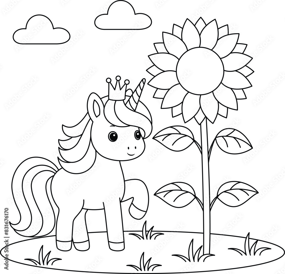 Cute kawaii unicorn and sunflower coloring page for kids. Animal ...