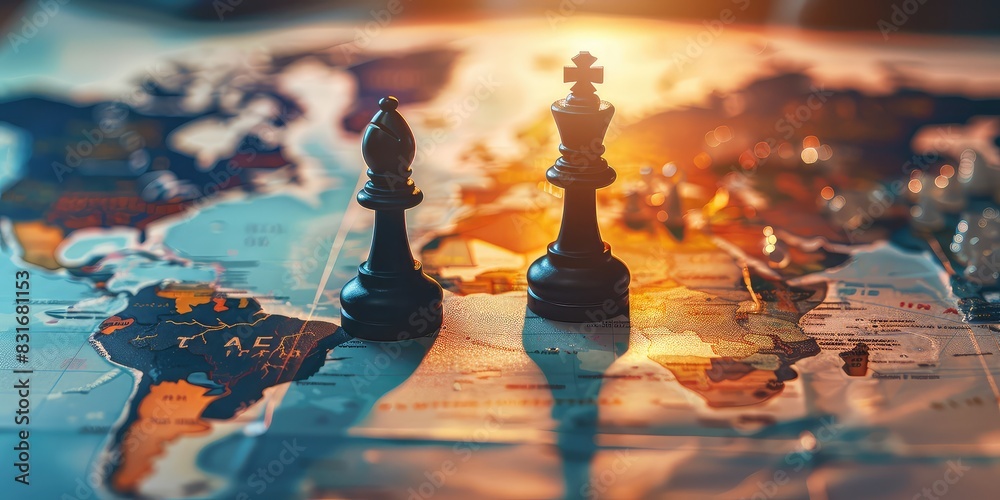 Geopolitics concept image with two chess pieces on a world map ...
