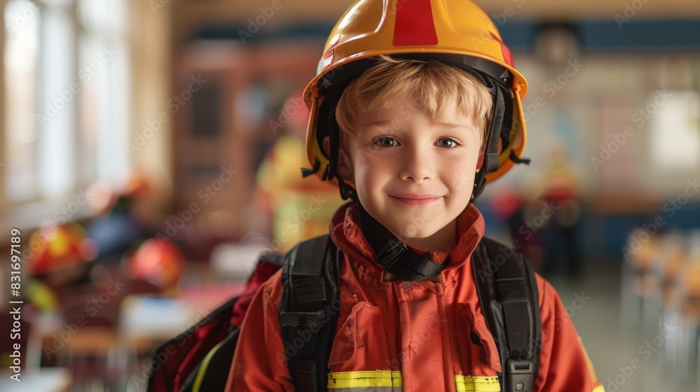 a little boy in a firefighter suit against a blurred school classroom ...