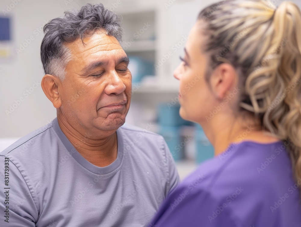 Asian Female Neurologist Examining Hispanic Male Former Boxer in Clinical Setting, Conveying ...