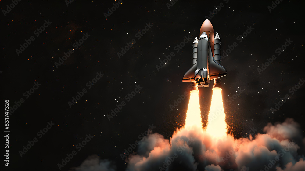 Spaceship lift off. Space shuttle with smoke and blast takes off into ...