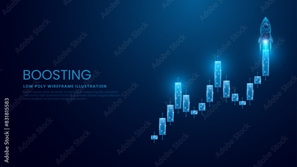 Digital stock market candlestick and trading concept with rocket boost ...