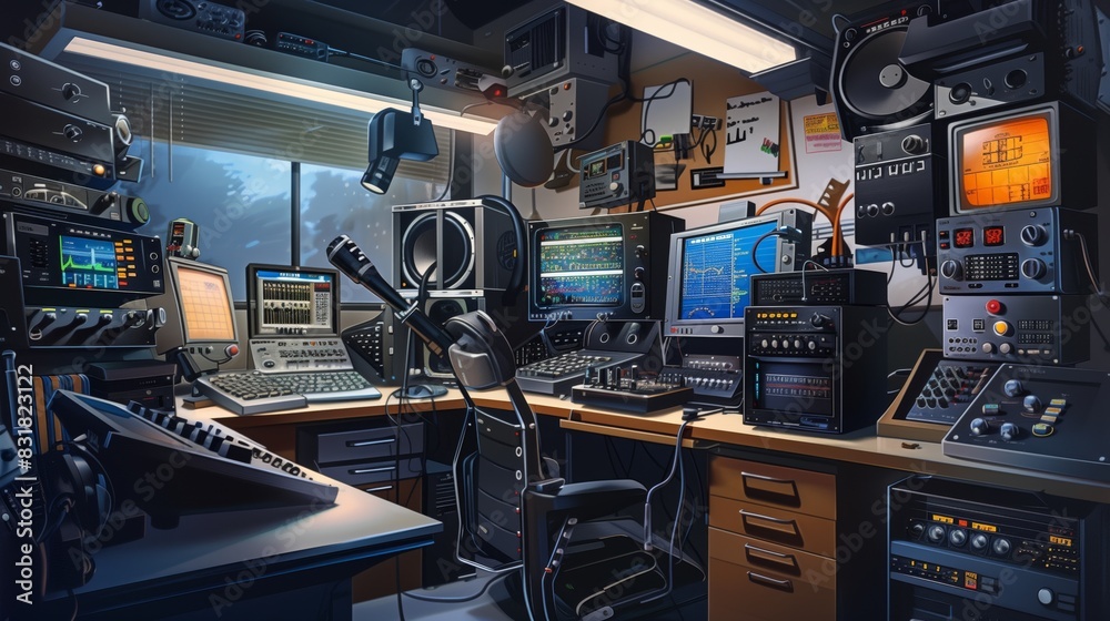 A high-tech lab with an ultra-modern ham radio setup featuring screens ...