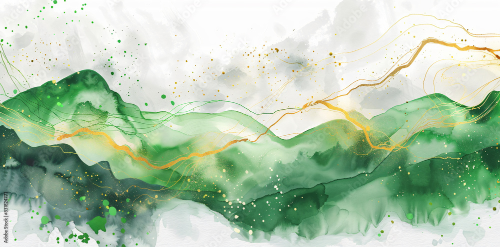 Green watercolor landscape with golden line art mountain and plant ...