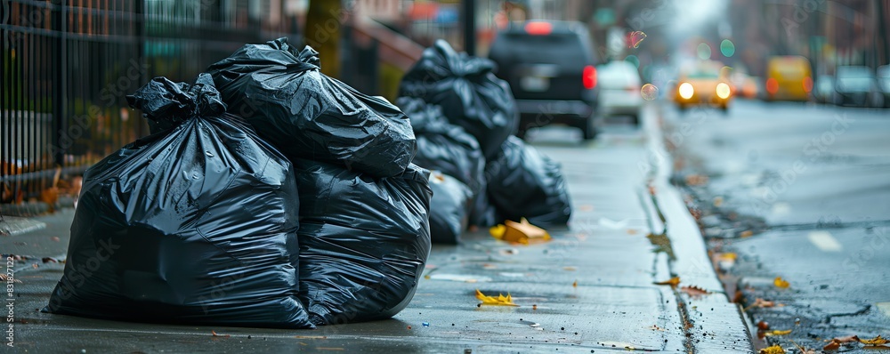 Black garbage bags heaped on sidewalk, city street, pollution and trash ...
