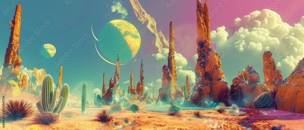 Design a celestial desert oasis, featuring holographic cacti and ...