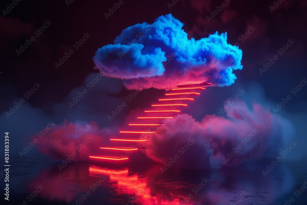 Red and blue neon stairs going up to a cloud with dark background and ...