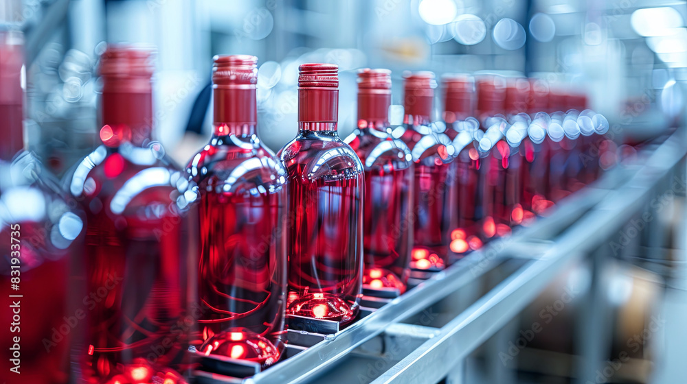 Стокове фото Line of bottling of red wine bottles, production at the modern factory, alcohol ...
