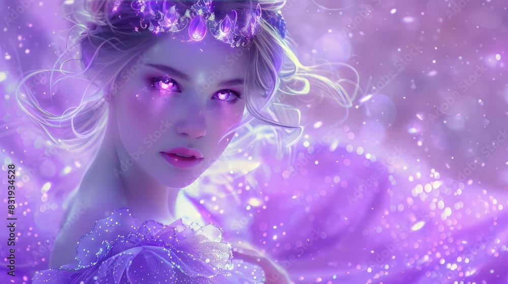 A magical portrait of a girl in a lilac princess frock with a glowing ...