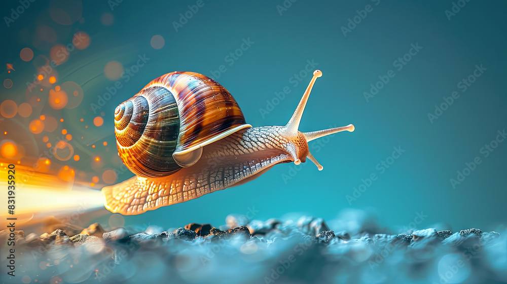Стокова ілюстрація Snail flying fast with rocket shell, blue background ...