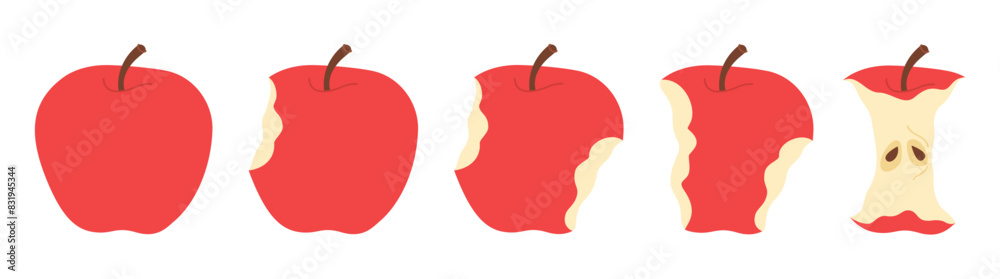Apple eating steps cartoon icon set. Stages of biting red ripe apple ...