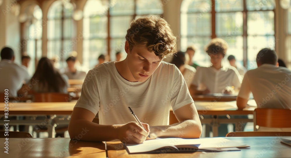 high school or university student holding pencil writing on paper ...