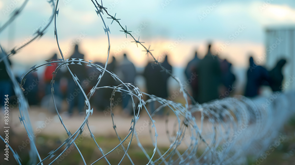Illustration Stock Barbed wire in refugee camp. Migrants behind chain ...
