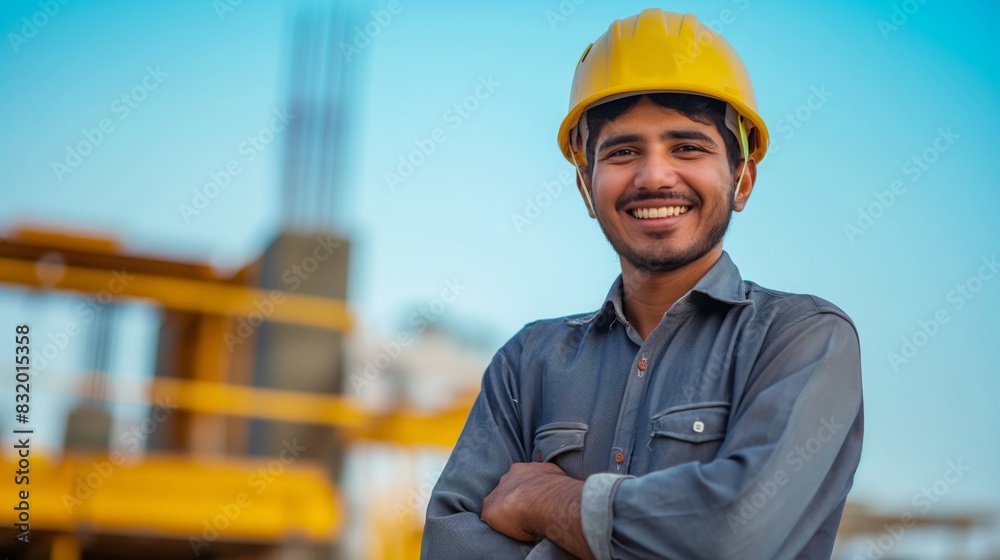 Young Pakistani Man Smiling at Construction Site, Wearing Safety Helmet ...