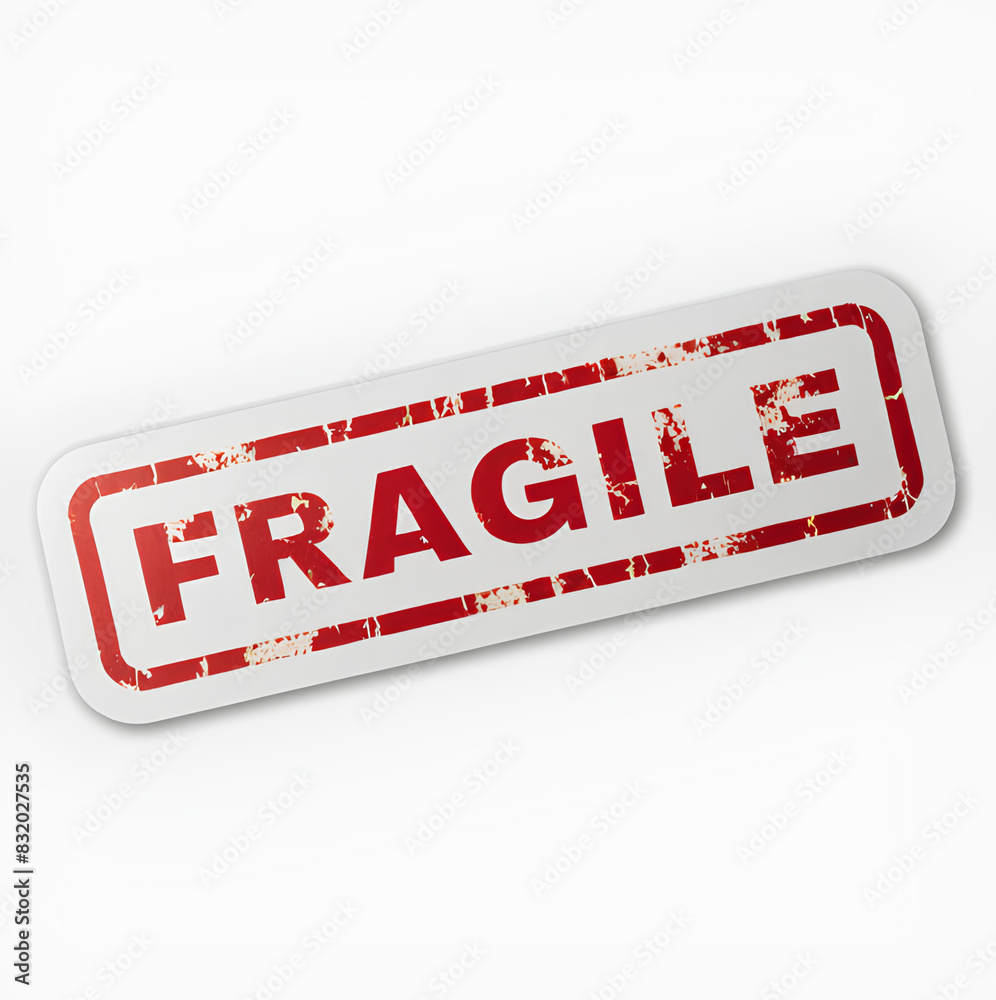 rectangular red fragile label on white background, with dirty texture ...